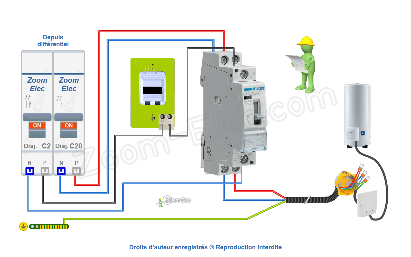 Comment brancher un contacteur jour nuit Hager ETC 225S